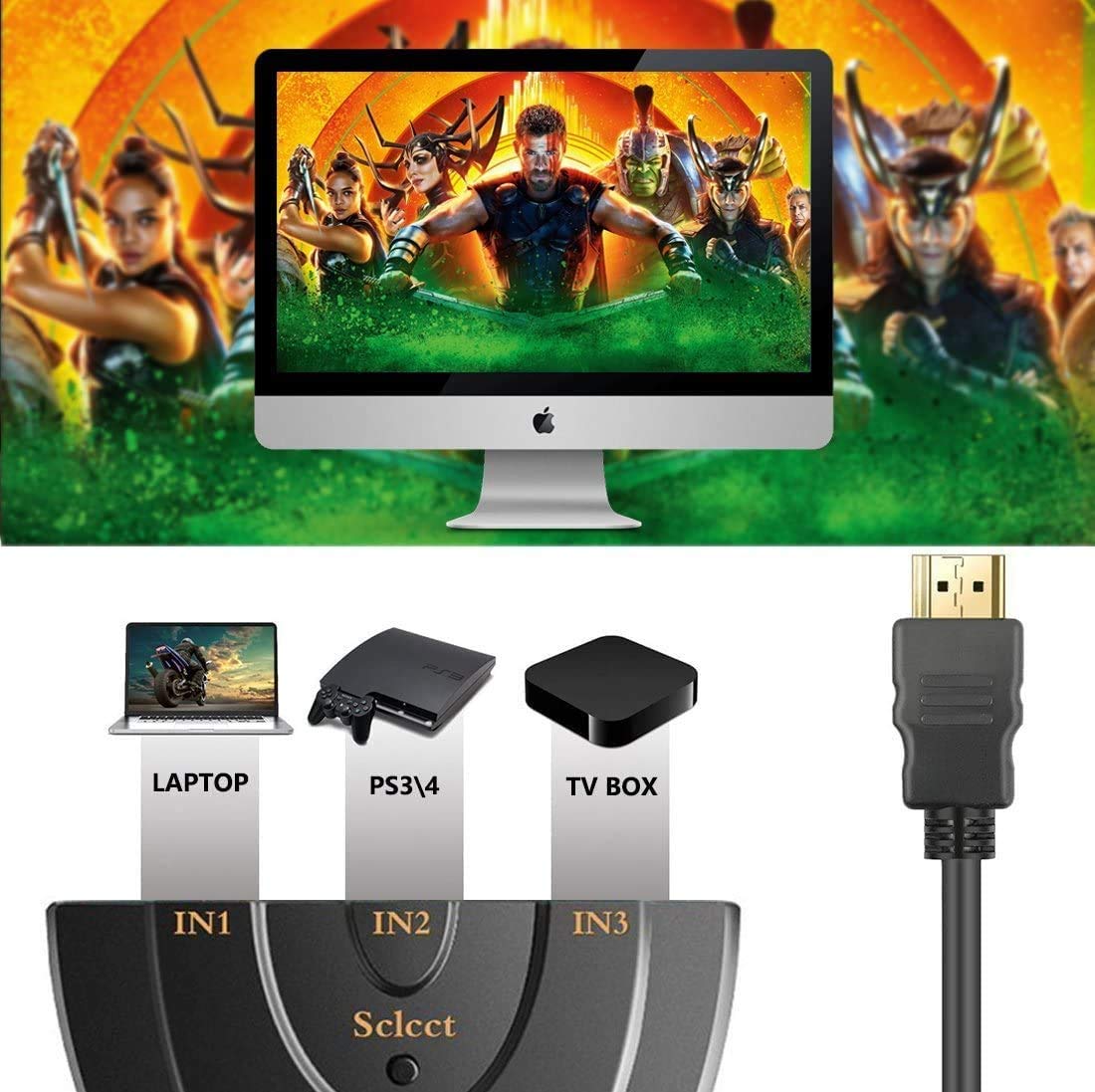 HDMI Switch, 3 Port 4K HDMI Switch 3 in 1 Out with High Speed Switch Splitter Pigtail Cable Supports Full HD 4K 1080P 3D Player