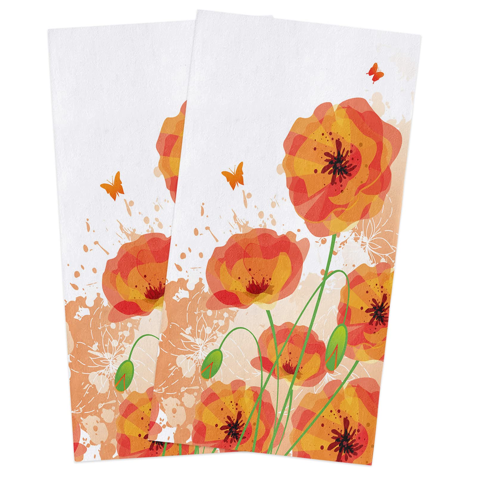 Kitchen Dish Towels 2 Pack-Super Absorbent Soft Microfiber,Orange Poppy Flower Poppy Cleaning Dishcloth Hand Towels Tea Towels for Kitchen Bathroom Bar
