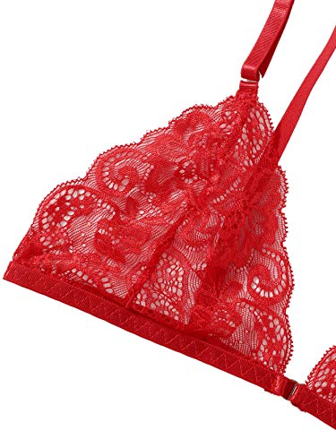 WDIRARA Women's 3 Pieces Mesh Floral Lace Scalloped Trim Garter Lingerie Set Red S