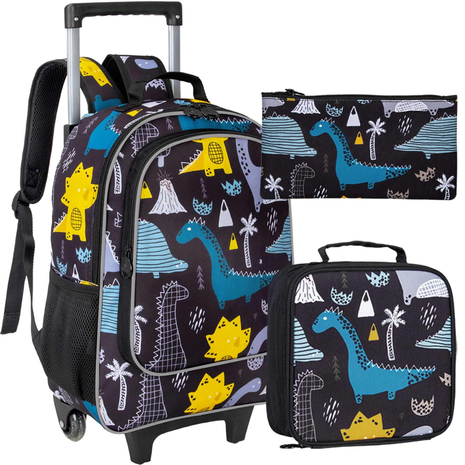 gxtvo Rolling Backpack for Boys, Roller Wheels Kids Bookbag - Wheeled Suitcase Elementary School Bag - 3PCS Dinosaur