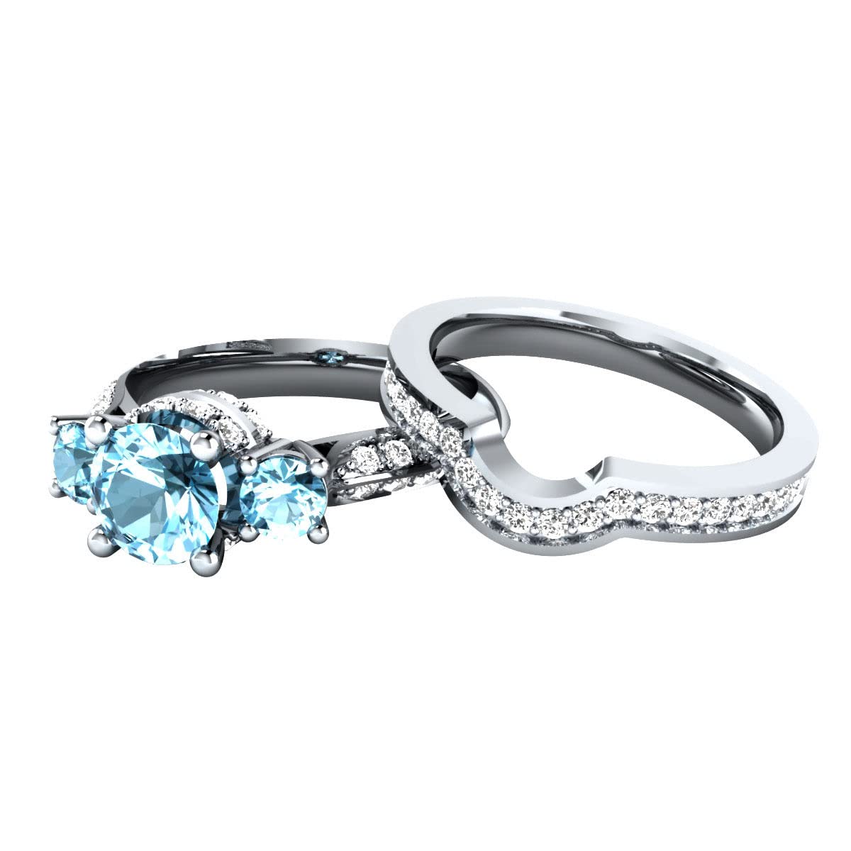 IDEALJEWEL95 Sterling Silver 2.60ct Round Aquamarine & White Sapphire Bridal Ring Set Sizable Engagement Ring/Wedding/Valentines