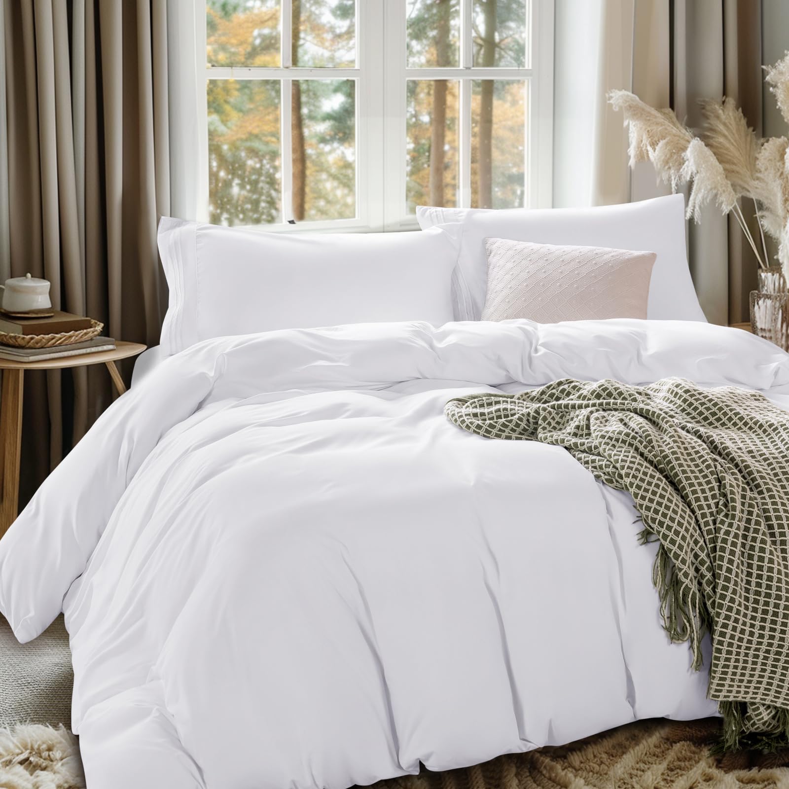 SONORO KATE Washed Microfiber Duvet Cover Queen Size Set - 1 Duvet Cover with 2 Pillow Shams - 3 Pieces,Super Soft Comforter Cover with Zipper Closure(White-8,Queen)