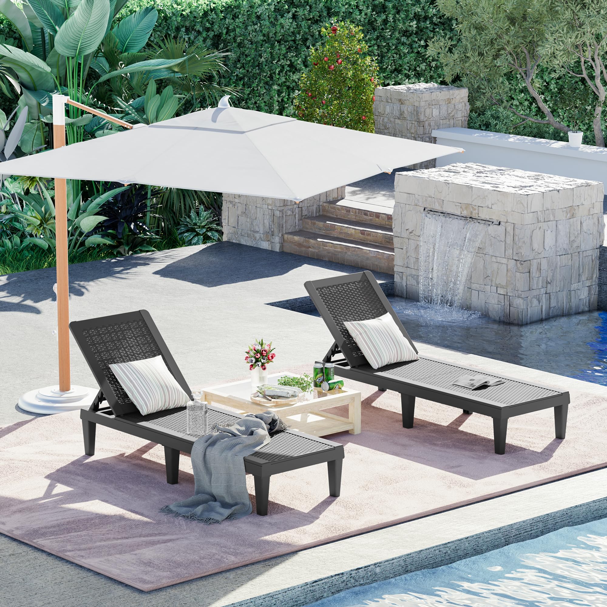 Greesum Outdoor Chaise Lounge Chairs Set of 2 with Adjustable Backrest, Waterproof PE Easy Assembly, Lightweight for Patio, Poolside, Beach, Yard, Dark Black