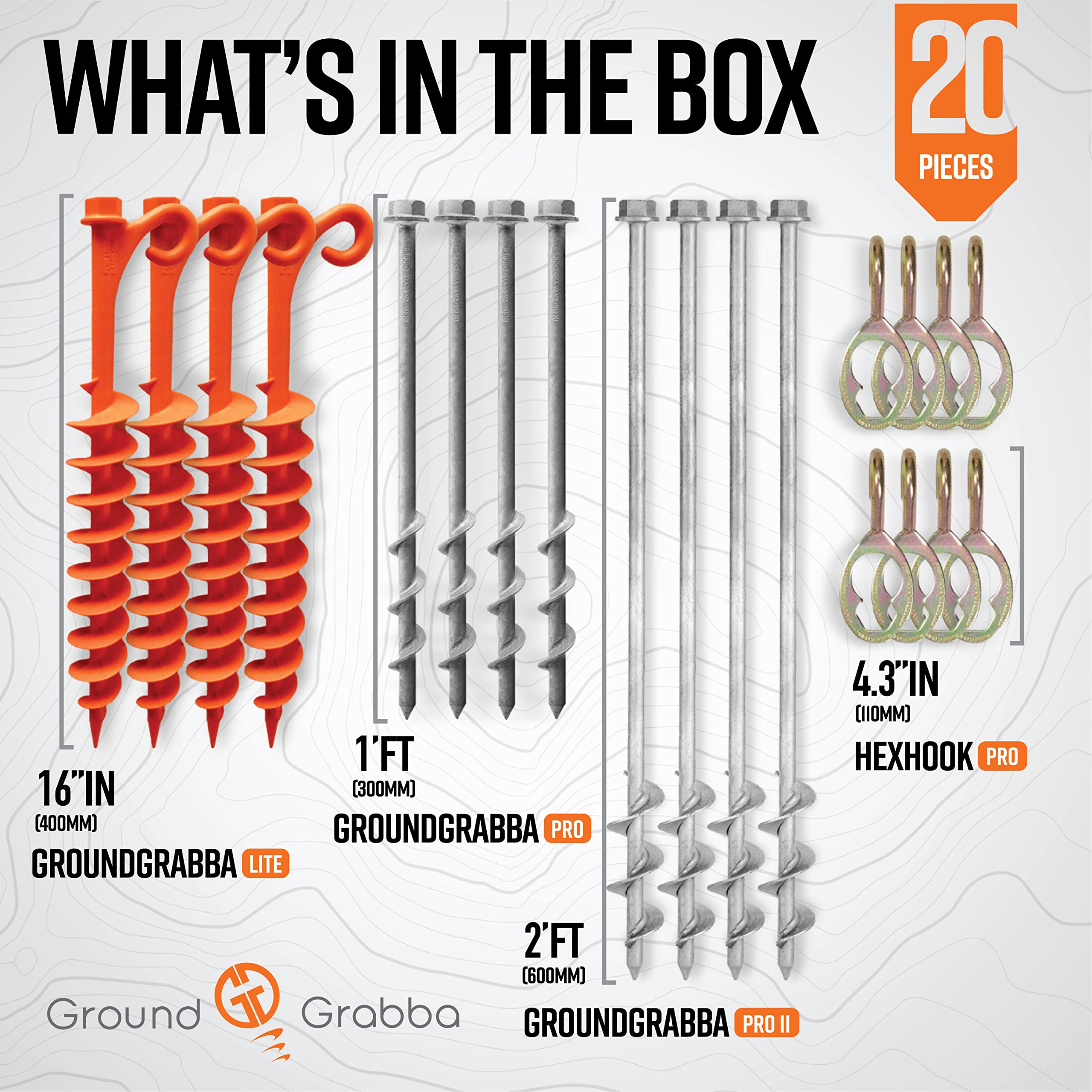 GROUNDGRABBA Screw in Tent Stake Sand Stake Midi Combo Pack | 4X GG Lite | 4X GG Pro | 4X GG Pro II | 8X HexHook Pro | Premium Drill Driven Ground Anchor Earth Screws