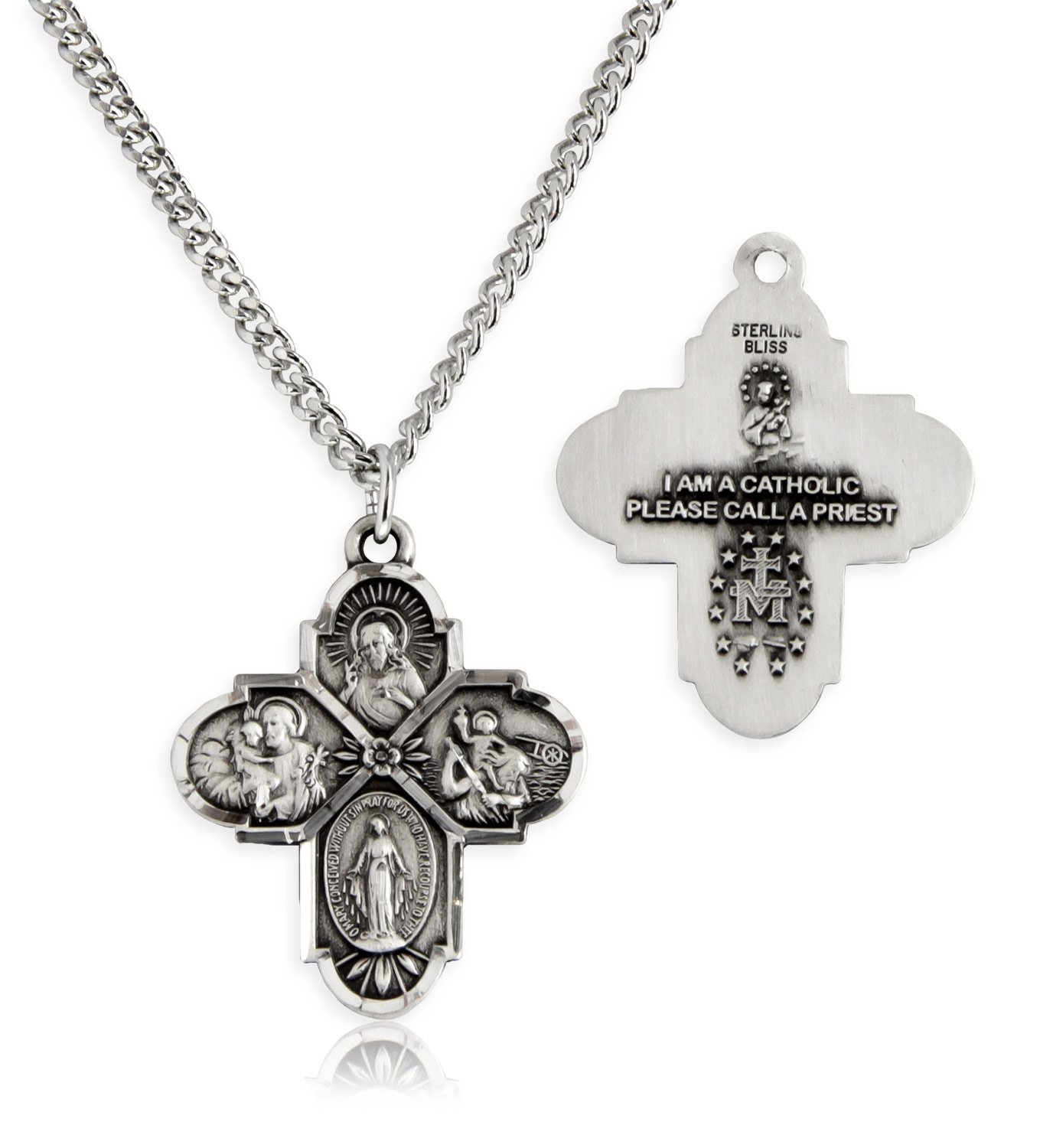 Heartland Store 4 Way Cross .925 Sterling Silver Pendant + 24 Inch Rhodium Plated Chain & Clasp