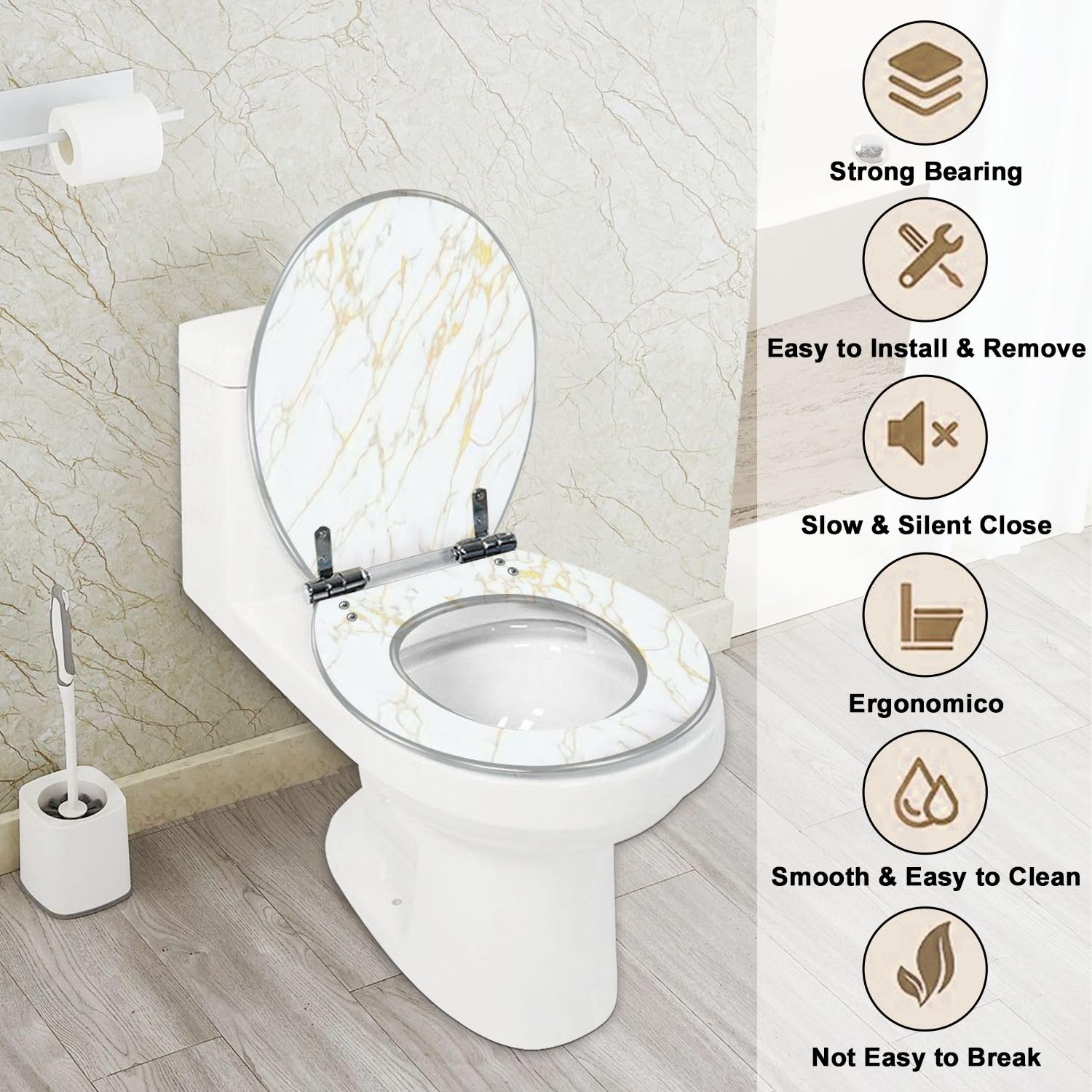 Round Toilet Seat white marble stone texture decorative Resin Toilet Seat with Quietly Close Quick Release Hinges Decorative Toilet Seat with Cover Easy to Clean and Install