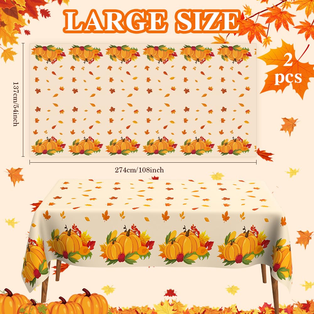 Thanksgiving Tablecloth Disposable, Fall Tablecloth, 2 PCS Friendsgiving Tablecloth, Plastic Autumn Pumpkins Maple Leaves Harvest Table Cover for Thanksgiving Party Decorations Table Decor, 54βx108β