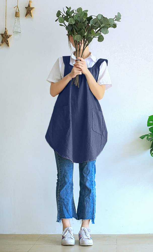 losofar Soft Cotton Linen Apron Cross Back X-Shaped Japanese Style Pinafore Dress for Cooking, Housewarming, Daily Chores (darkblue, (28.3"x 35.4"))