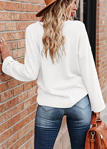 Women's V Neck Long Sleeve Pullover Sweater Causal Ribbed Knit Henley Shirts Tops White