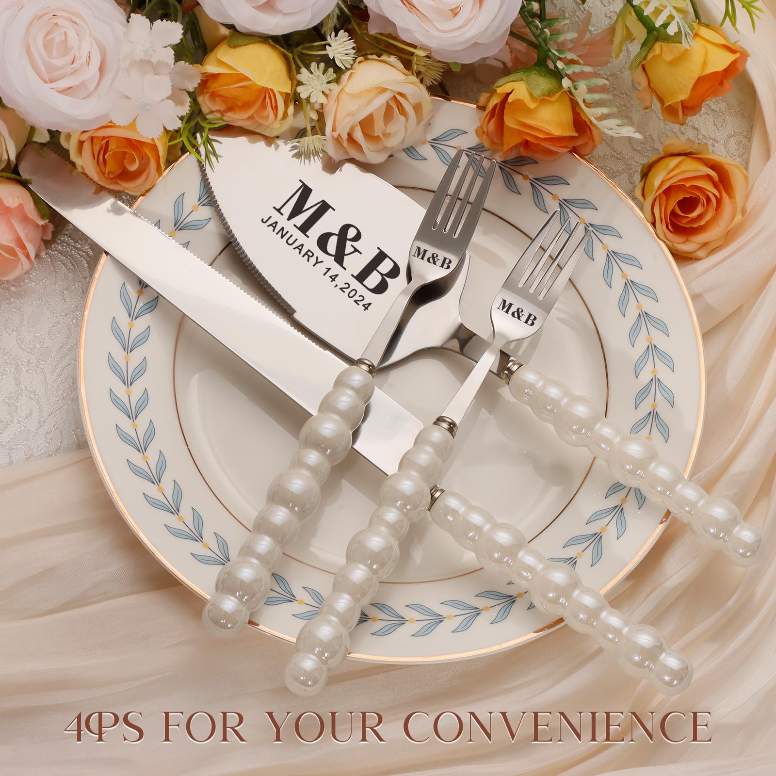 TUKDAK Pearl Wedding Cake Knife and Server Set with Forks, Cake Cutting Set with Stainless Steel Serrated Edges, Silver Pie Cutter Pizza Spatula, Gift for Bridal Couples Engagement (pearl 4pcs)