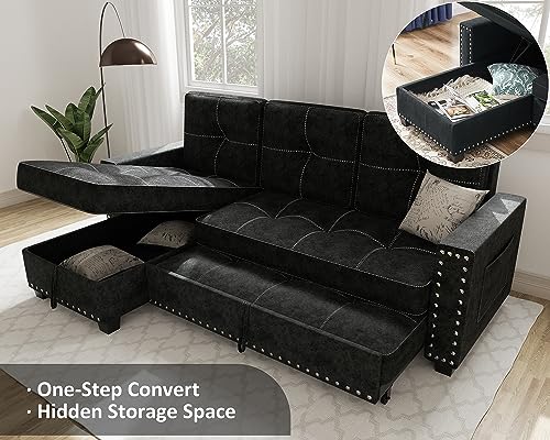 Ucloveria Reversible Sectional Sofa Couch, Sleeper Sofa Bed with Storage Chaise Pull Out Couch Bed for Living Room L-Shape Lounge 2 in 1 Sectional Couch with Pull Out Bed Black