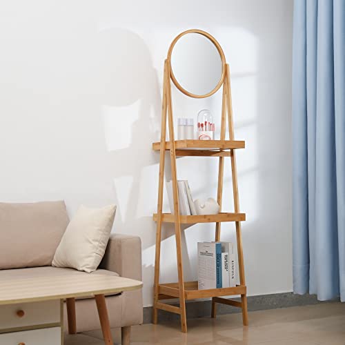 Proman Products Vega 3-Tier Bamboo Shelf Rack with Mirror ST17163, 17" W x 14" D x 64" H, Natural
