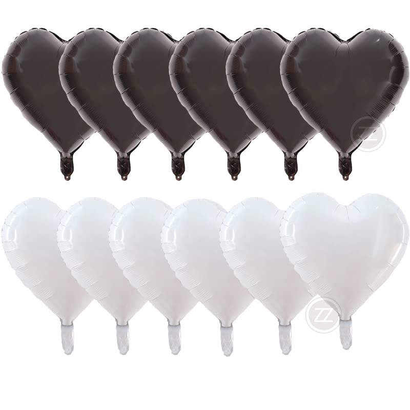 ZZART 12 Pcs Heart Foil Shining Balloons, 18 inch White & Black Bright Color Helium Metallic Balloons for Birthday Bridal Valentines Bachelorette Eve Anniversary Decorations Wedding Party Supplies