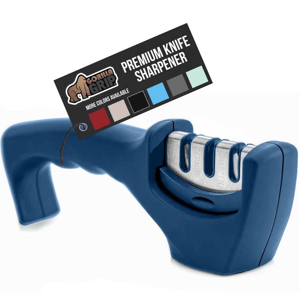 Gorilla Grip Easy to Use Knife Sharpener, 3 Sharpening Options to Help Polish, Sharpen and Repair Kitchen Knives, Restore Dull Blades, Slip Resistant Handle, Durable, Professional Chef Quality, Blue