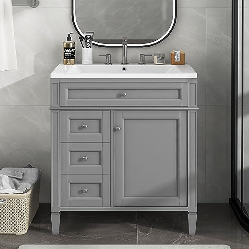 Virubi 30" Bathroom Vanity with Single Sink Combo, Modern Undermount Bathroom Sink Cabinet with 2 Drawers and a Tip-Out Drawer, Freestanding Bathroom Vanities (Grey)