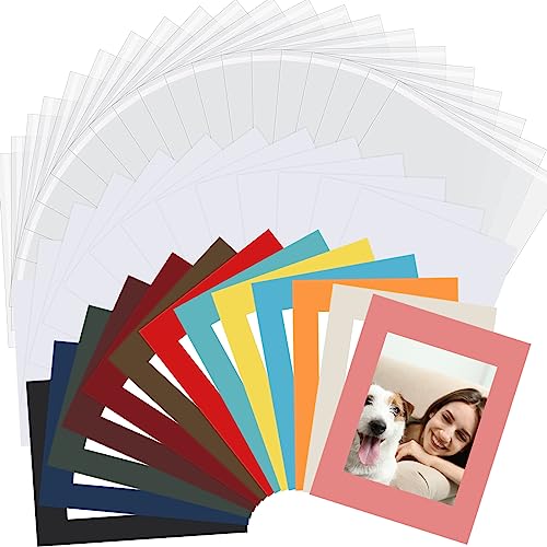 Thyle 50 Pack Acid Free 11 x 14 Picture Mat Show Kit for 8 x 10 Photo, 50 Core Bevel Cut Matts and 50 Backing Boards and 50 Transparent Seal Bags, Great for Photos Artworks Prints (Multicolor)