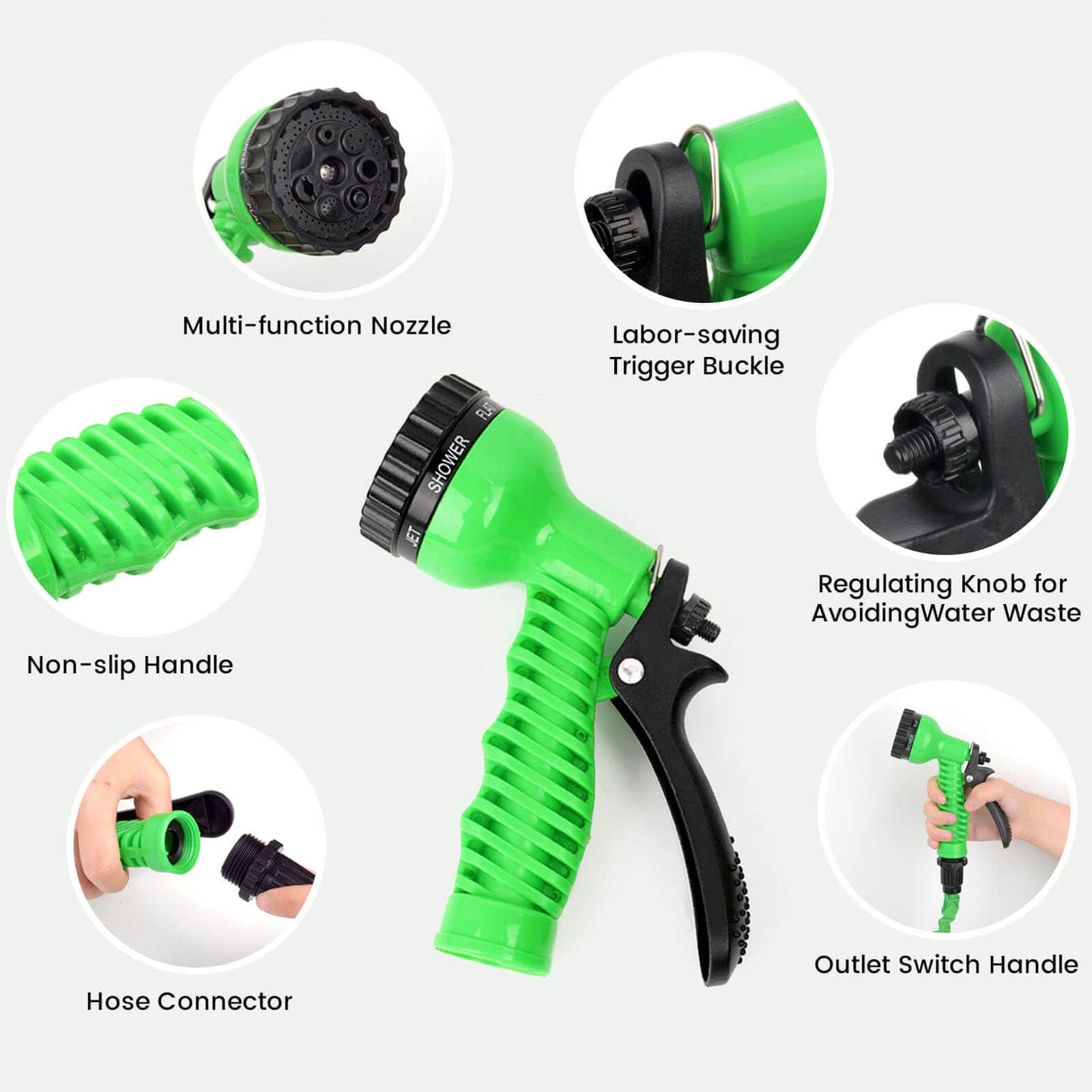 Numhew Expandable Garden Hose Water Pipe - 50FT Upgraded Expandable Water Hose with 7 Pattern Spray Nozzle, Retractable Latex Core Flexible Expanding Hose, Green