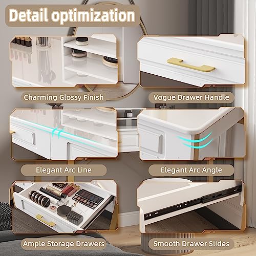 WESTREE Modern Makeup Vanity Desk with Glossy Desktop,Bedroom Home Office Writing Desk with Drawers, Storage Shelf, Gold Metal Frame for Dressing Table Without Mirror