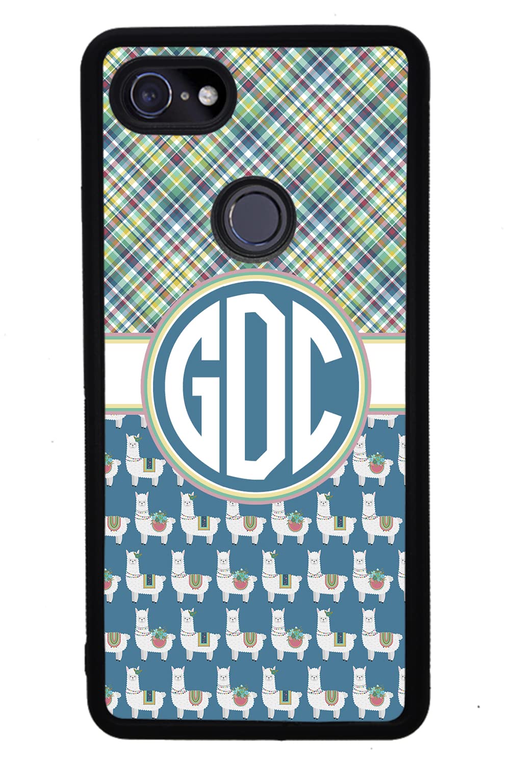 Green Blue and White Plaid Llama Monogram Black Rubber Phone Case Compatible With Google Pixel 8 Pro, 8a, 8, 7a, 7, Pixel 7 Pro, 6a, Pixel 6 Pro, 6, 5, 4a 5G, 4a 4G, 4, 4 XL, 3a, 3a XL, 3