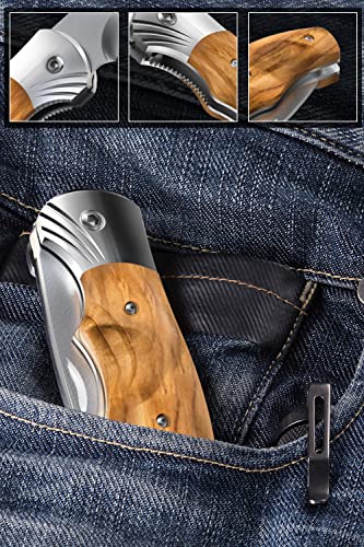 Grand Way Pocket Knife for Men with Wood Handle, Liner lock - Folding Sharp Blade 3.54" - Cool Knives for Camping EDC - Gifts for Dad Him - 6651
