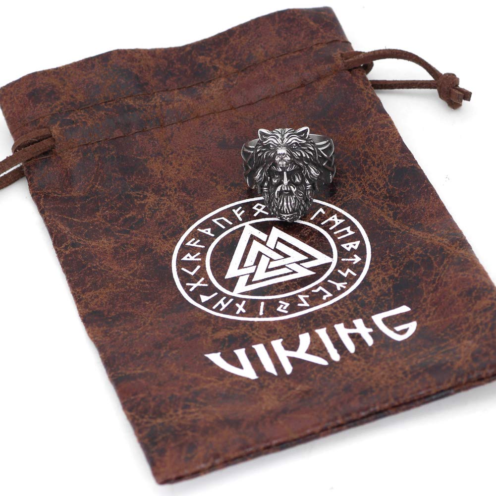 GuoShuang Nordic Viking Amulet Odin face Wolf Geri and Freki Amulet Stainless Steel Ring with Valknut Rune Gift Bag