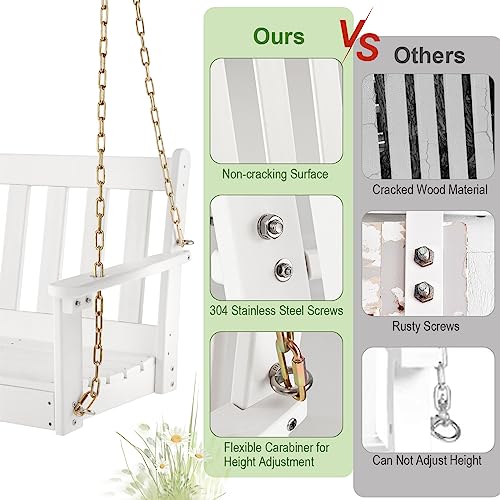 Tangkula 2 Person Hanging Porch Swing, Outdoor Bench Swing with Adjustable Chains, Hidden Cup Holders, HDPE Tree Swing Chair for Patio Backyard Deck Garden, 54 Inch (White)