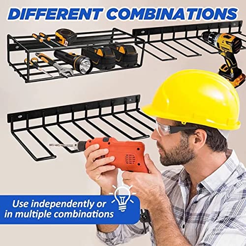 Metal Tools Storage Floating Shelf, Cordless Drill Tools Organizers Holder Wall Mounted, 3-Tier Garage Tool Storage Metal Rack with 4 Slots for Drill Holder, Gift for Men Dad
