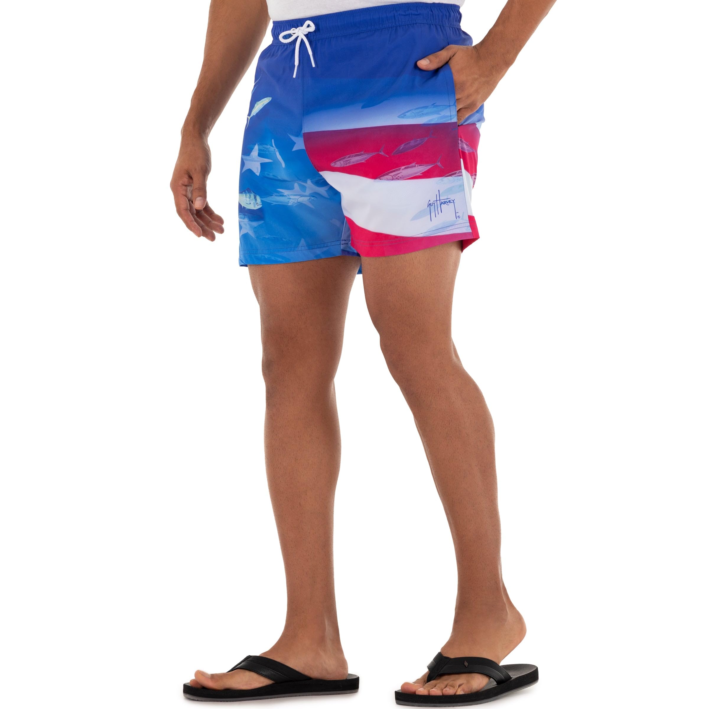 Guy Harvey Men's Marlin Patriot 5" Volley Swim Trunk, Estate Blue, Large