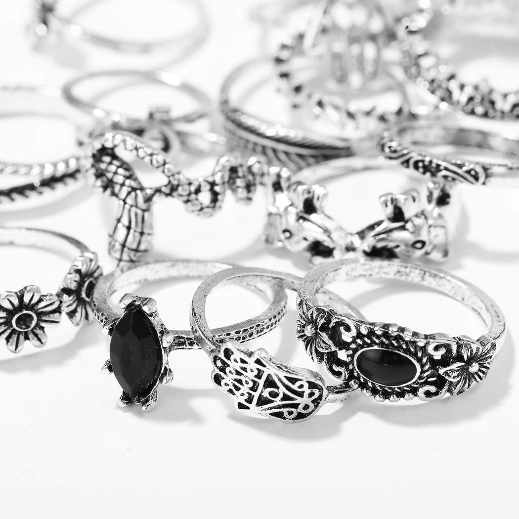 Haloty Boho Black Crystal Joint Knuckle Rings Silver Elephant Midi Rings Set Snake Flower Stackable Finger Rings Jewelry for Women and Girls (14PCS)