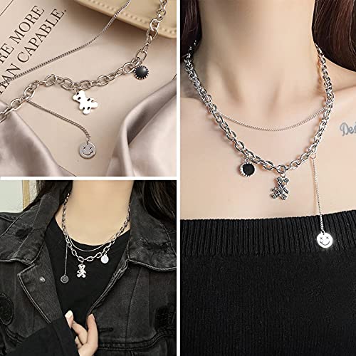 IFKM 6 PACK silver necklaces for women men layered adjustable choker chain Multilayer necklace set with butterfly cute pendant for teens girls gift