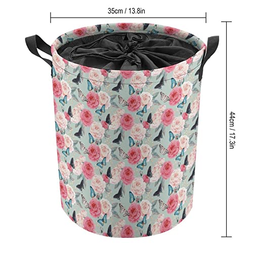 Roses and Butterfly Laundry Basket Round Collapsible Storage Bin with Drawstring and Handle for Bedroom Bathroom Toys Room 17.3" X 13.8"