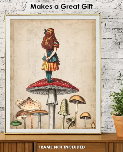 Whimsical Alice Atop Mushrooms Wall Art Print - 11x14 Unframed Picture For Home, Office, Classroom, Dorm, Living Room & Bedroom Decor - Creative Gift Idea For Alice Fans