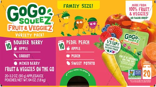 GoGo SqueeZ Fruit & VeggieZ Variety Pack, Pedal Peach and Boulder Berry, 3.2 oz (Pack of 20), Unsweetened Snacks for Kids, Gluten Free, Nut Free, Dairy Free, Recloseable Cap, BPA Free Pouches