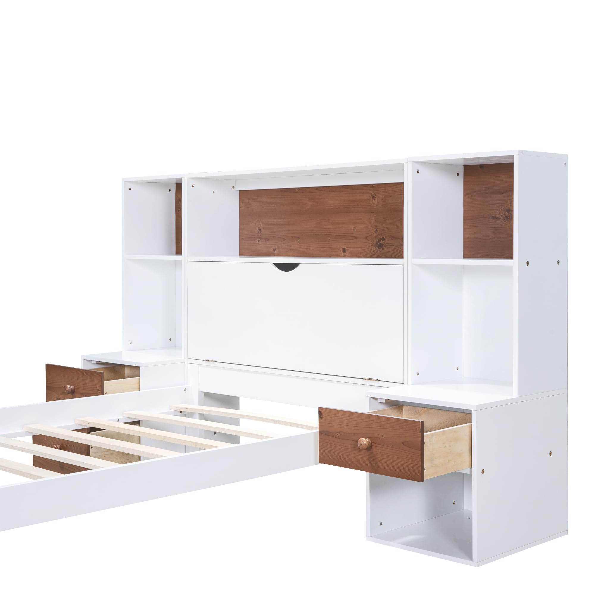 Twin Bed Frame with Storage Headboard and Drawers, Wood Twin Size Platform Bed with Flip-top Storage and Open Shelves, Twin Size Bed with Bookcase and Built in Nightstands, White (Twin)