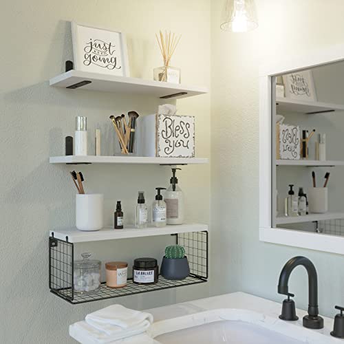 WOPITUES Bathroom Shelves Over Toilet, Floating Wall Mounted with Wire Basket, Wood Floating Shelf for Wall Décor, Bathroom Wall Décor Shelves–White