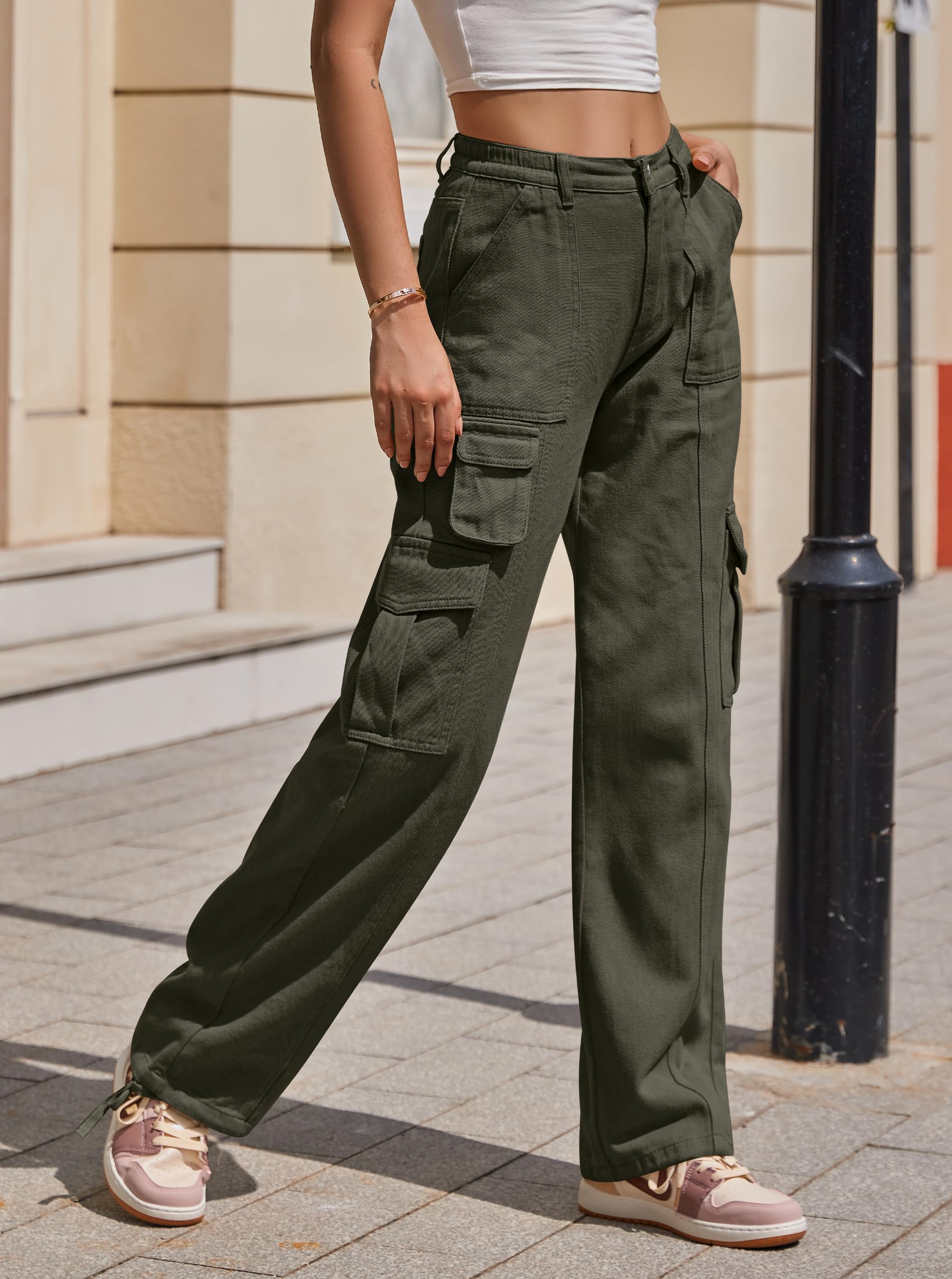 Hiistandd Women's High Waisted Cargo Pants Cotton Wide Leg Casual Pants Combat Military Work Trouser(Army Green,S)