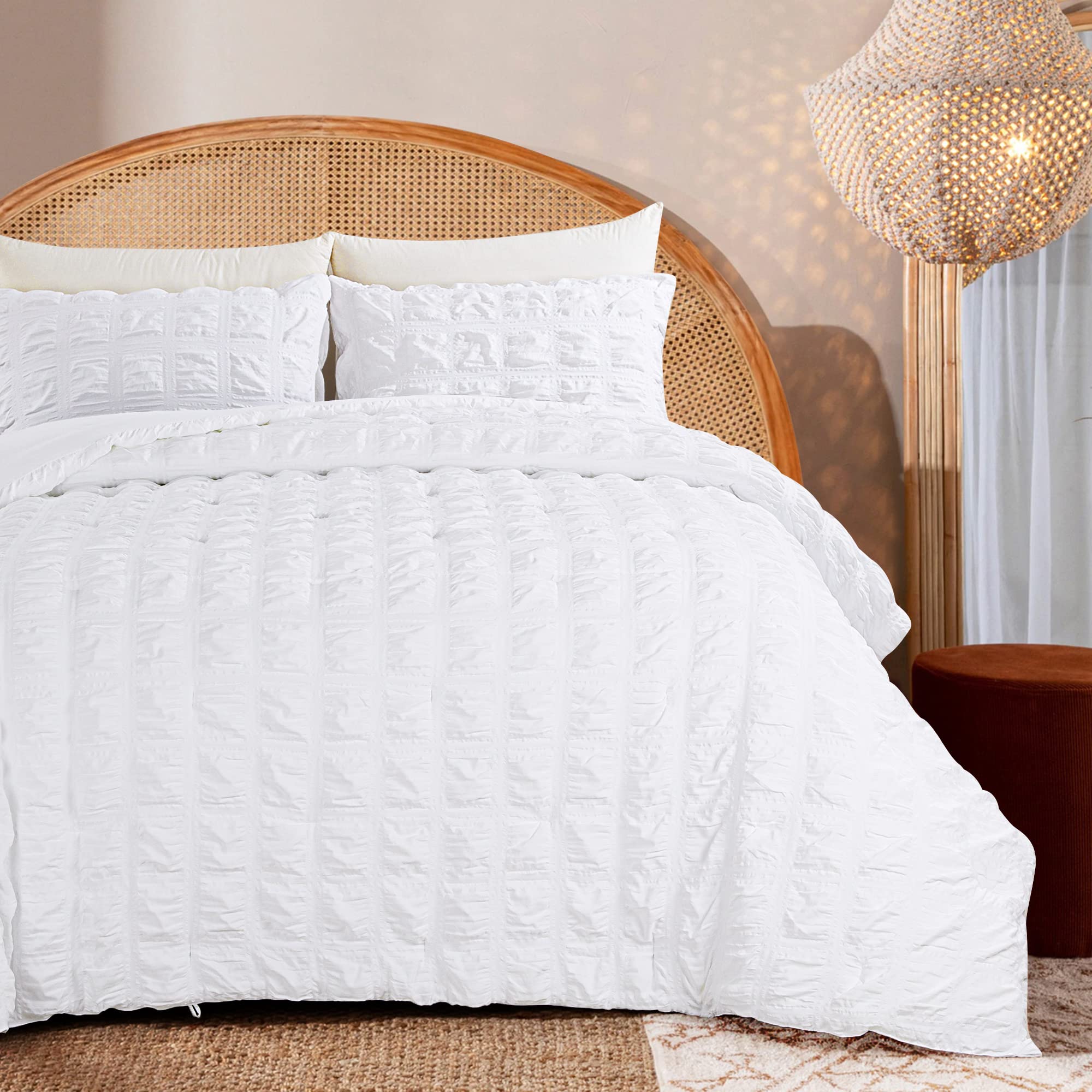 HOMBYS 120x120 Oversized King Seersucker White Comforter Set, Textured Boho Bedding Comforter for California King Bed, Shabby Chic Beding Sets with 2 Matching Pillow Cases