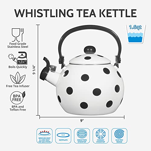 Whistling Tea Kettle for Stove Top Enamel on Steel Teakettle, Supreme Housewares Polka Dot Design Teapot Water Kettle Cute Kitchen Accessories Teteras (1.6 Quart, Polka Dot)