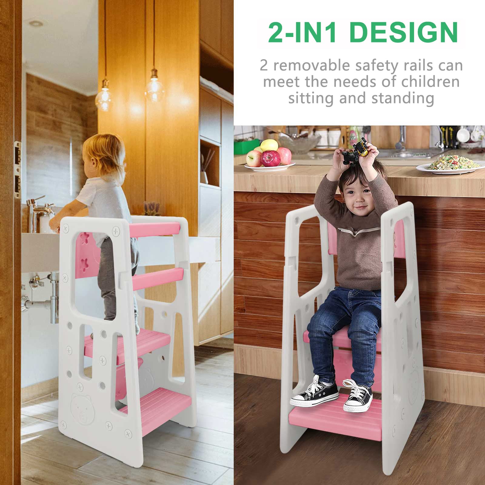 Nursery Kitchen Step Stool w/ 3 Adjustable Heights Toddler Standing Tower Kids Learning Stool w/Double Safety Rails & Non-Slip Foot Pads Cooking Stool Stand Helper Bathroom Counter Footstool (Pink)