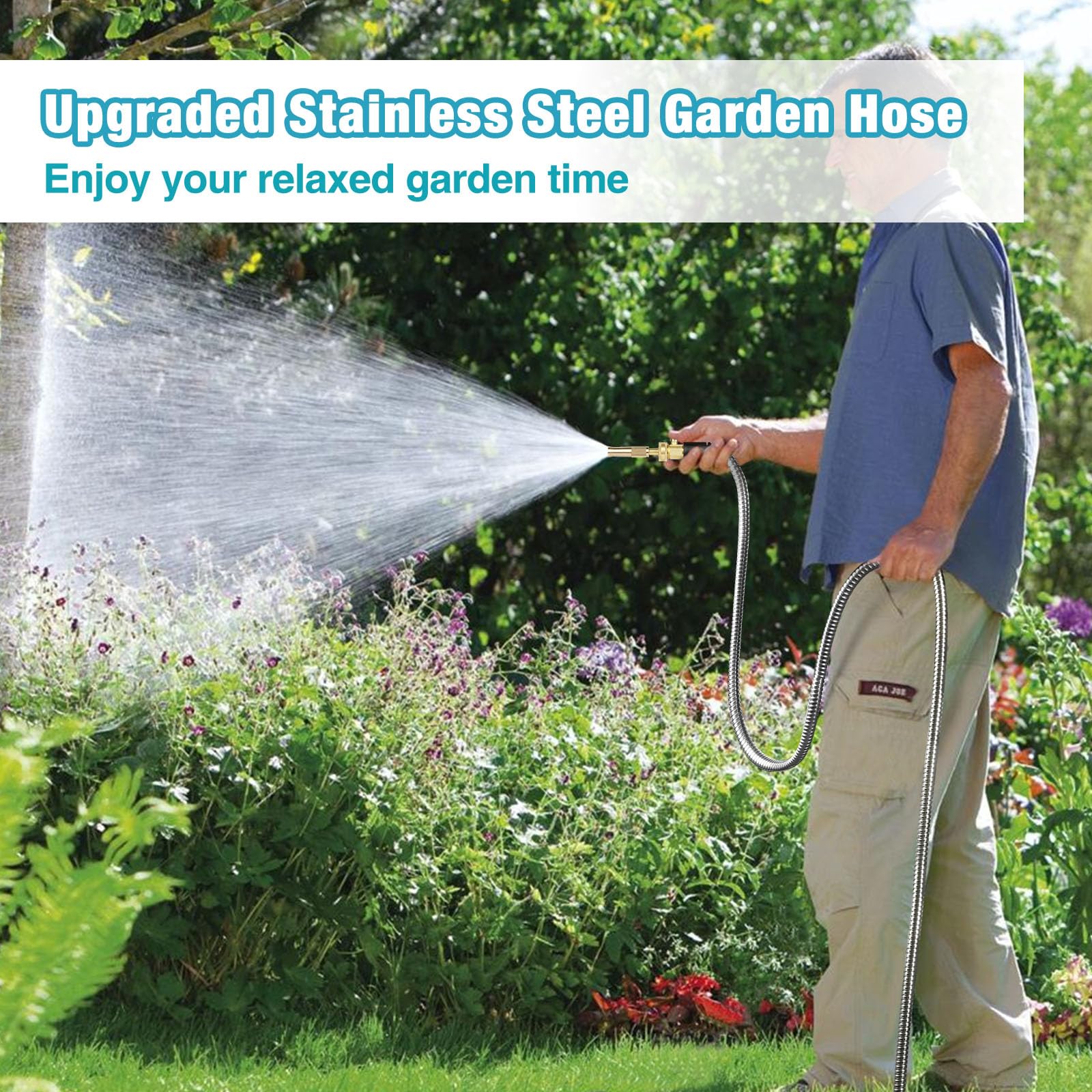 GREENER 50FT Metal Garden Hose, Easy Handle Stainless Steel Hose Heavy Duty Water Hose with Brass Swivel Spout, Lightweight, Easy to Coil, Kink Free, Rust Proof Hose for Yard
