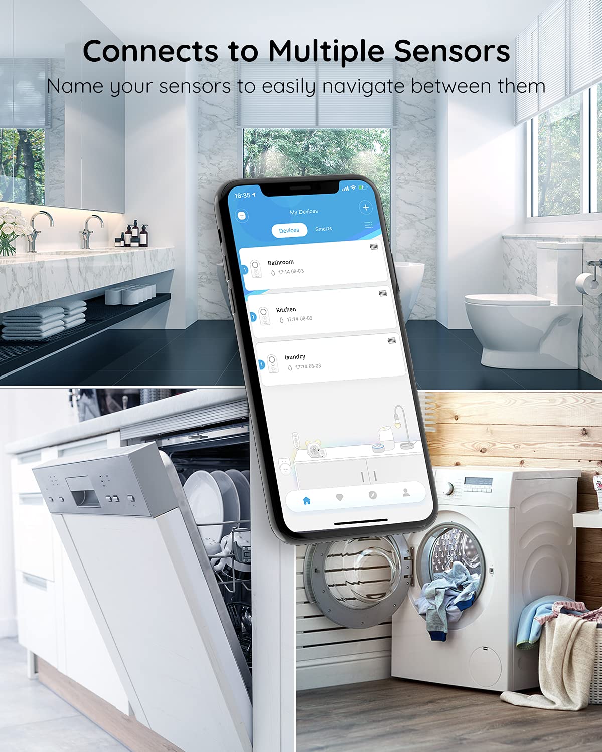 Govee Water Detectors 8 Pack Sensor with 100dB Adjustable Audio Alarm Bundle with Govee WiFi Smart Gateway with Alert Email & APP Push for Home Bedrooms