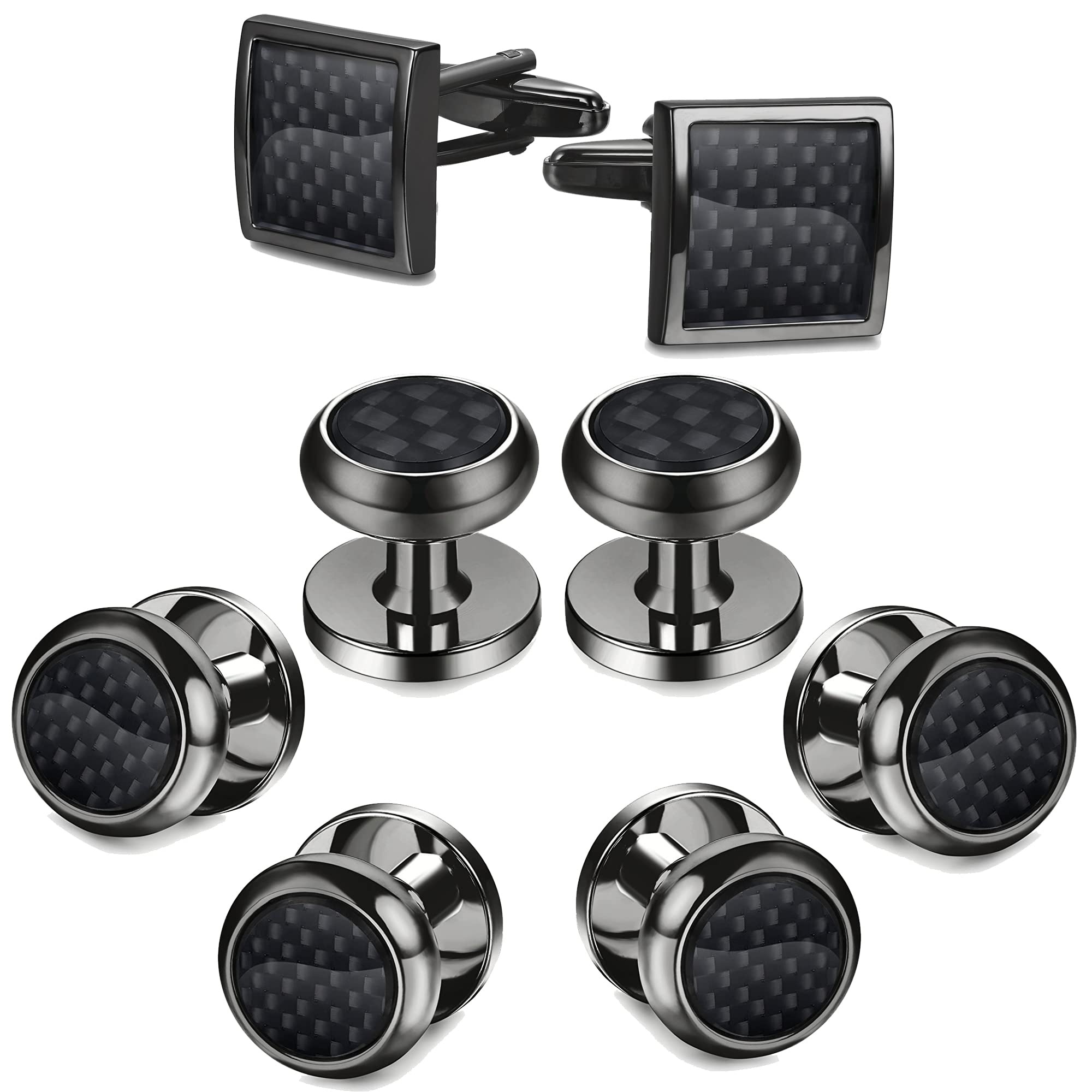 Jstyle 8pcs Mens Carbon Fiber Cufflinks and Shirt Studs Set Tuxedo Shirts Business Wedding