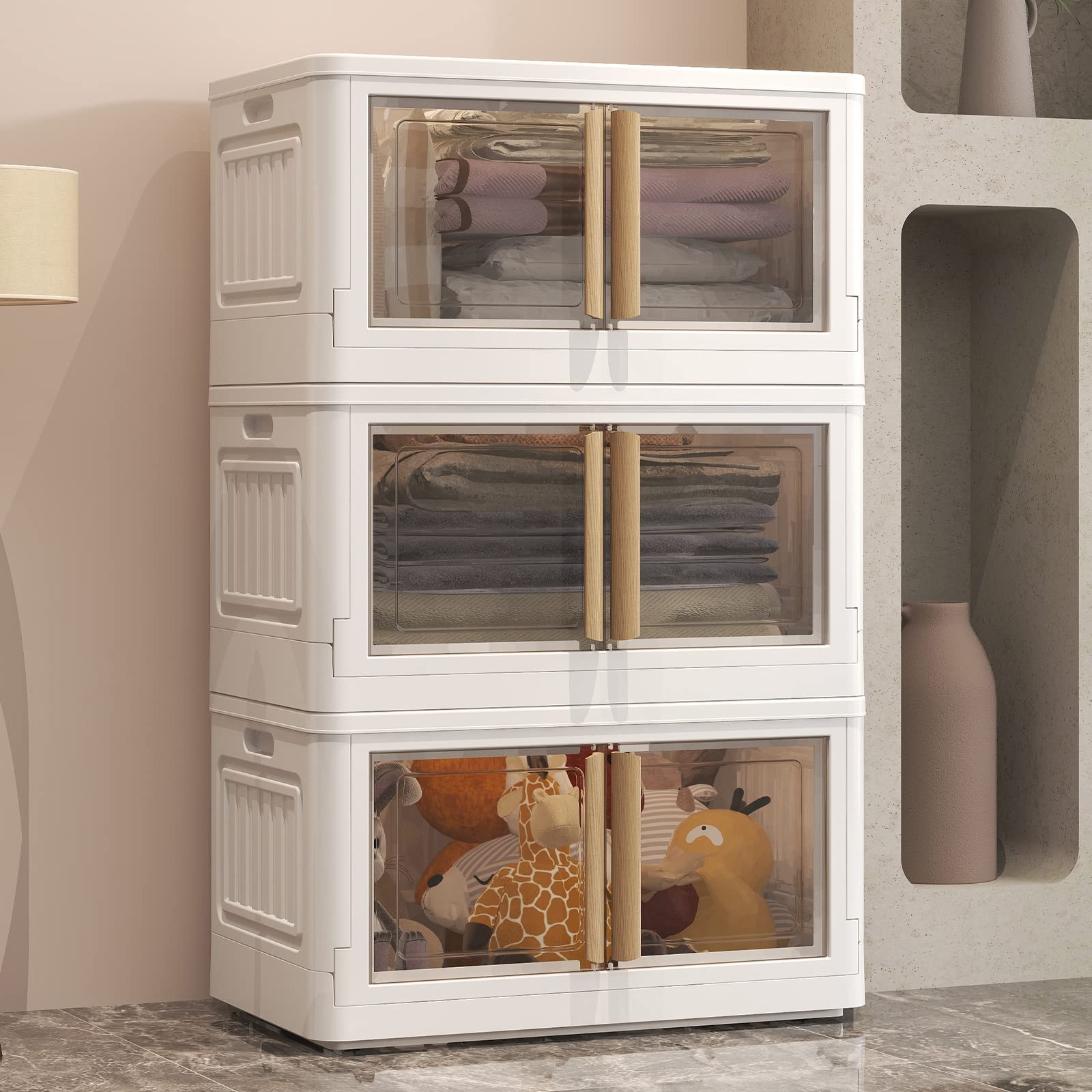 Storage bins with Lids - Plastic Storage bins,44 Quart Collapsible storage bins with Wheels,Double Door Stackable Closet Organizers,3 Pack Storage Boxs for Home,organization and storage Office