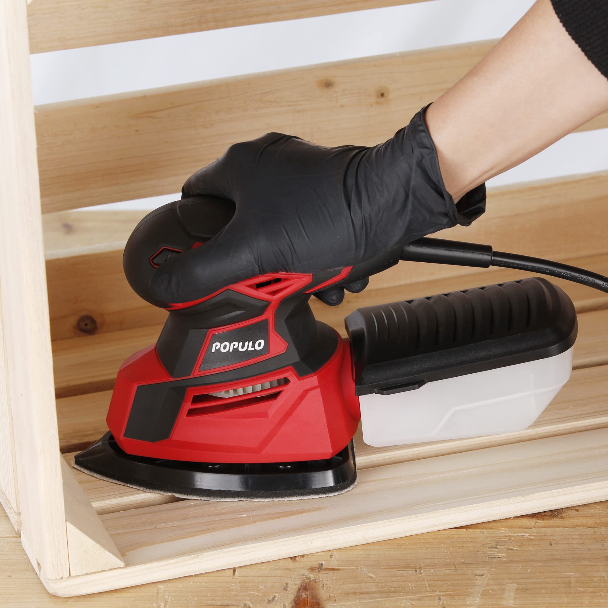 POPULO Electric Sander Tool,Hand Sander 14,000 OPM with 12 Pieces Sandpapers, Detail Sander with Dust Box for Woodworking,Suitable for Tight Spaces Sanding,Polishing,Removing Paint in Home Decoration
