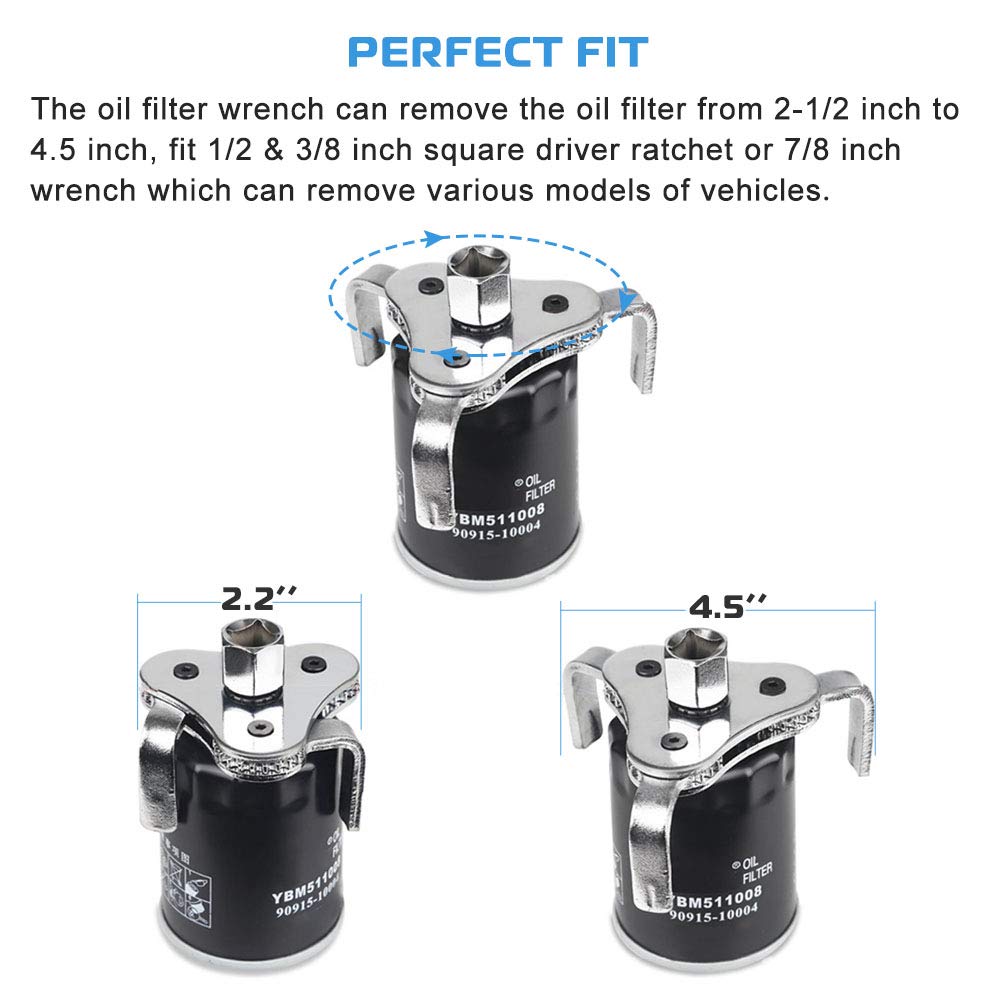 GOHAWKTEQ Universal Adjustable Oil Filter Wrench From 2-1/2 inch to 4.5 inch Oil Filter Wrench Tool Set With 3 Jaw