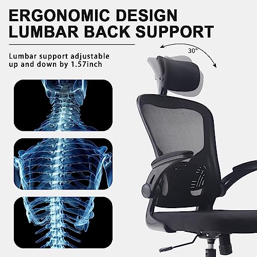 SUKIDA Office Chair with Headrest - Ergonomic Office Chair with Neck Support, Black Mesh Computer Desks Chairs Wheels Back Support Back Pain Comfortable Flip Up Arms Comfy for Home Bedroom