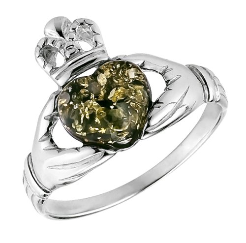 Green Amber and Sterling Silver Irish Claddagh Ring