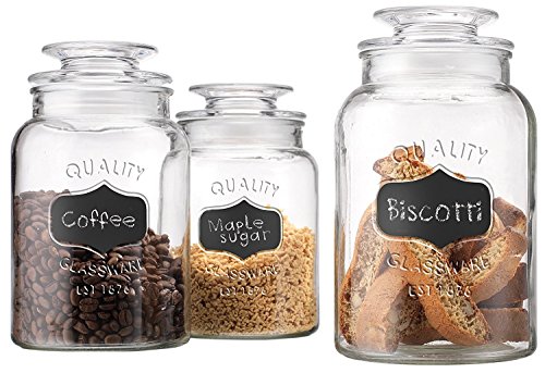 Godinger Airtight Glass Canisters Set of 3 - Round Clear Storage Containers with Sealed Lids, Chalkboard Jar Set of 3, Chalk Included – Perfect Housewarming Gift