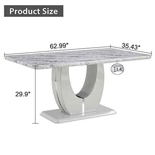 Pvillez Contemporary Dining Table for 6-8, High Gloss Kitchen Dining Room Table with Faux Marble Top and U Shape Wood Pedestal Base, 63" Rectangular Dining Table for Dining Room Kitchen Living Room