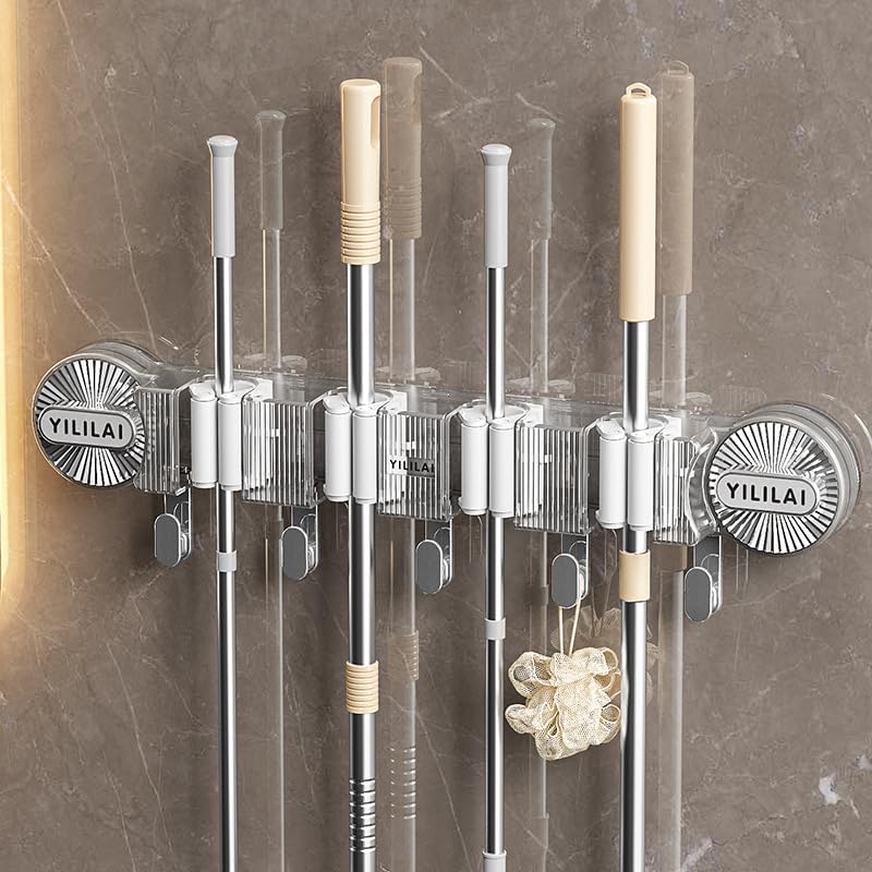 VIHOGFINT Mop & Broom Holder Wall Mount - Suction Cup Design for Easy Storage and Organization | 4 Slots & 5 Hooks | Perfect for Kitchen, Garden, Closet, Laundry Room
